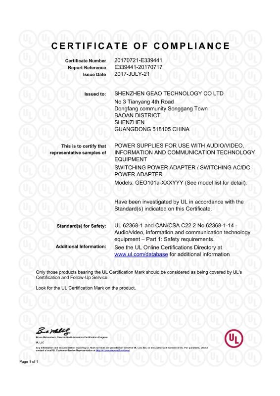 Power Adapter UL Certificate - Shenzhen GEAO Technology Co., Ltd.