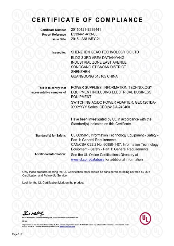 Power Adapter UL Certificate - Shenzhen GEAO Technology Co., Ltd.