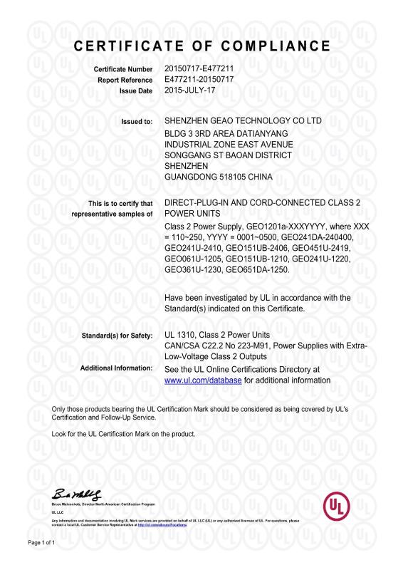 Power Adapter UL Certificate - Shenzhen GEAO Technology Co., Ltd.