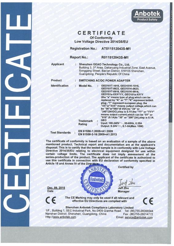 Power Adapter CE-LVD 61558 Certificate - Shenzhen GEAO Technology Co., Ltd.