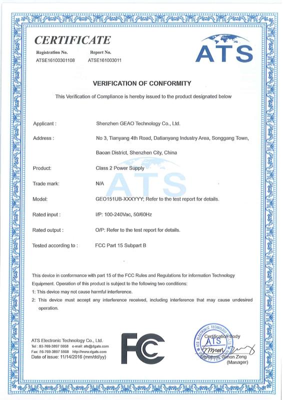 Power Adapter FCC Certificate - Shenzhen GEAO Technology Co., Ltd.