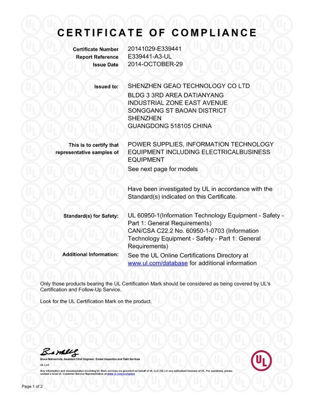 Power Adapter UL Certificate - Shenzhen GEAO Technology Co., Ltd.