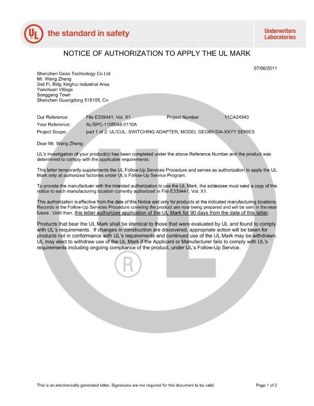 Power Adapter UL Certificate - Shenzhen GEAO Technology Co., Ltd.