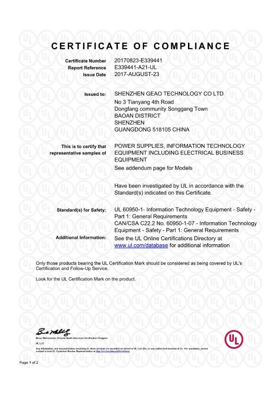 Power Adapter UL Certificate - Shenzhen GEAO Technology Co., Ltd.