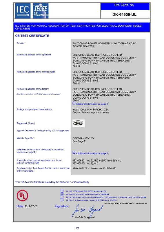 Power Adapter UL Certificate - Shenzhen GEAO Technology Co., Ltd.