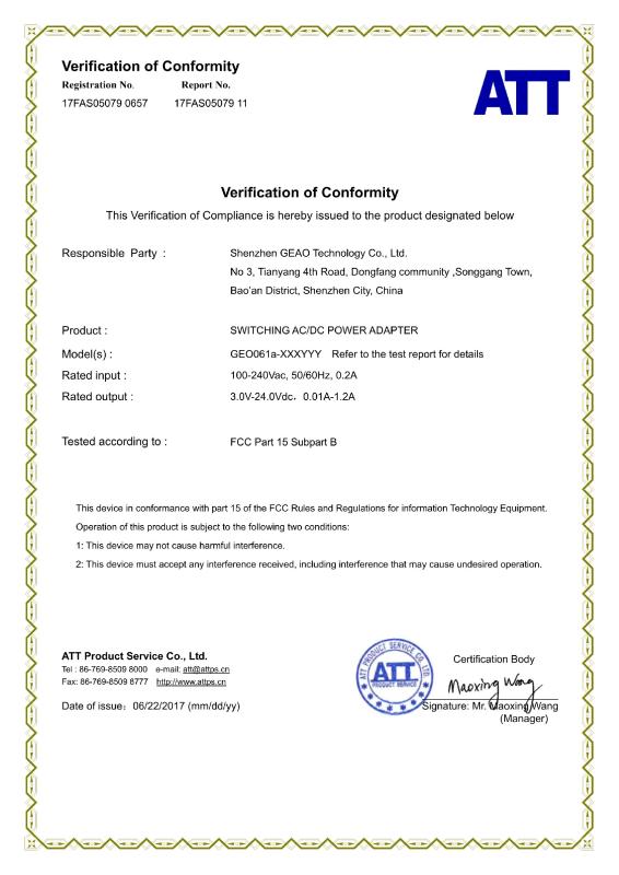 Power Adapter FCC Certificate - Shenzhen GEAO Technology Co., Ltd.