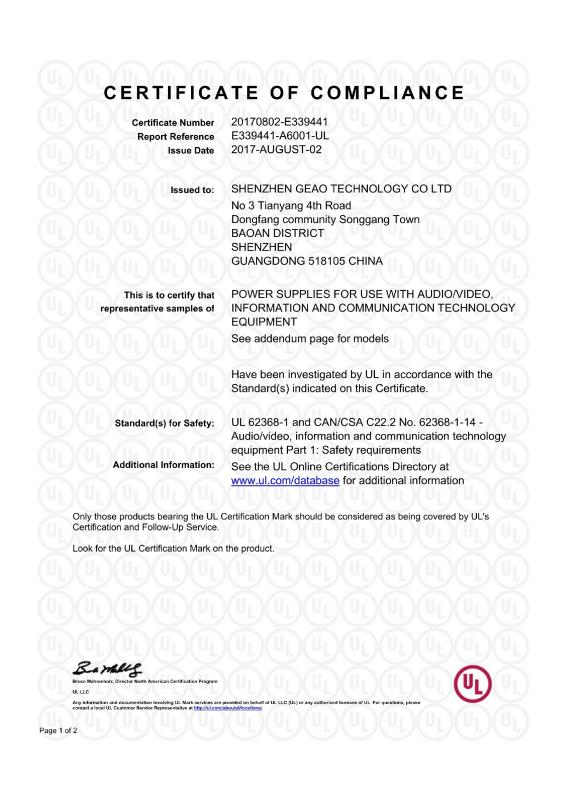 Power Adapter UL Certificate - Shenzhen GEAO Technology Co., Ltd.