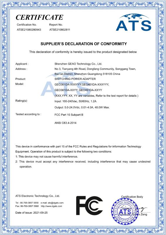 Power Adapter FCC Certificate - Shenzhen GEAO Technology Co., Ltd.