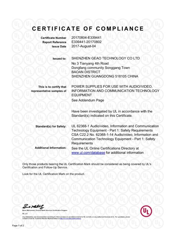 Power Adapter UL-62368 Certificate - Shenzhen GEAO Technology Co., Ltd.