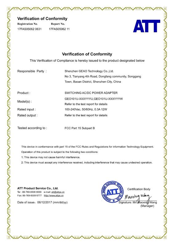 Power Adapter FCC Certificate - Shenzhen GEAO Technology Co., Ltd.
