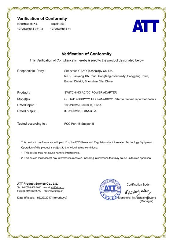 Power Adapter FCC Certificate - Shenzhen GEAO Technology Co., Ltd.