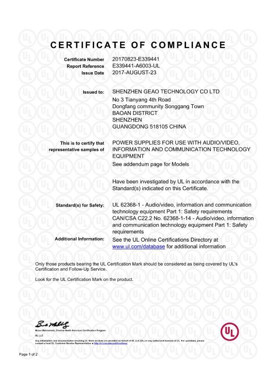 Power Adapter UL Certificate - Shenzhen GEAO Technology Co., Ltd.