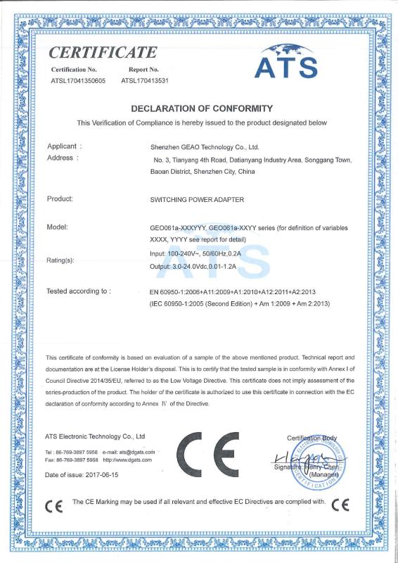 Power Adapter CE-LVD Certificate - Shenzhen GEAO Technology Co., Ltd.