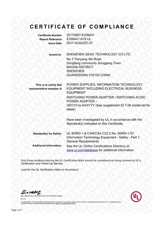 Power Adapter UL Certificate - Shenzhen GEAO Technology Co., Ltd.