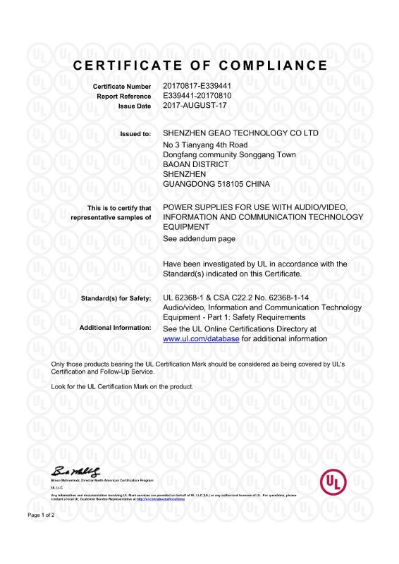 Power Adapter UL Certificate - Shenzhen GEAO Technology Co., Ltd.
