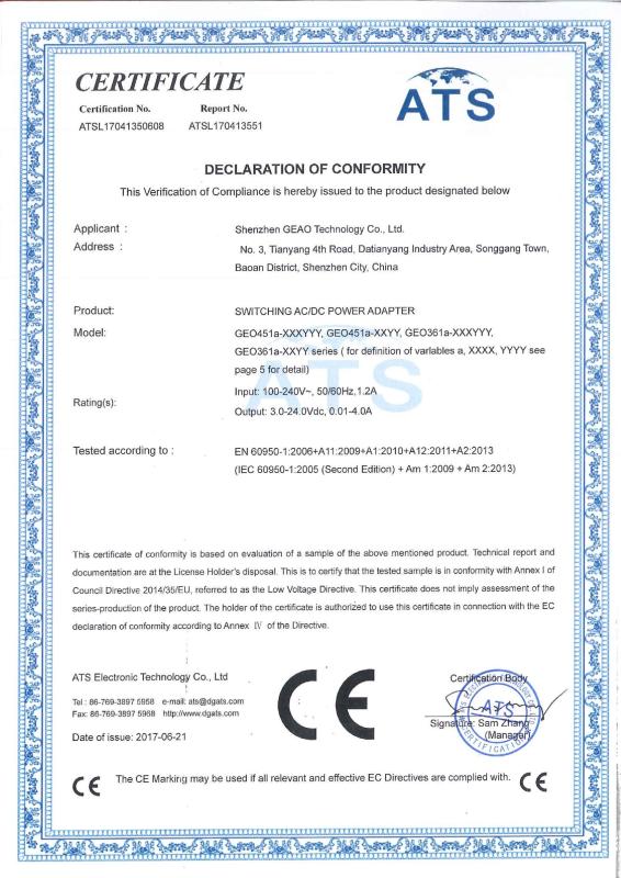Power Adapter CE Certificate - Shenzhen GEAO Technology Co., Ltd.
