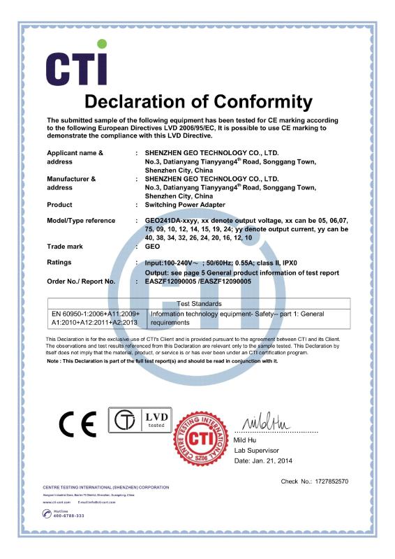 Power Adapter CE-LVD Certificate - Shenzhen GEAO Technology Co., Ltd.