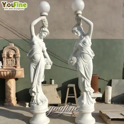 China Garden Decor Modern Life Size New Floor Stone Sculpture Woman Marble Carving Statue Lamp for sale