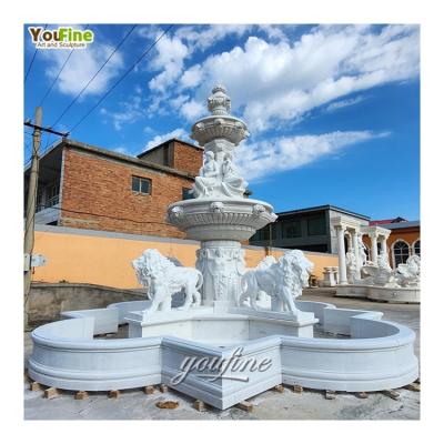 China Customize White Stone Garden Sculpture Carving Lion Statue Outdoor Marble Water Fountains for sale