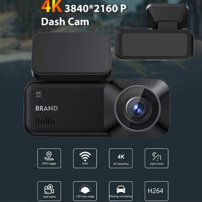 4K UHD dual lens dash cam front view showing the 2.89-inch display and front camera lens