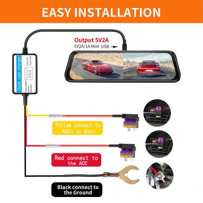 Close-up view of dash cam hardwire kit components and connectors
