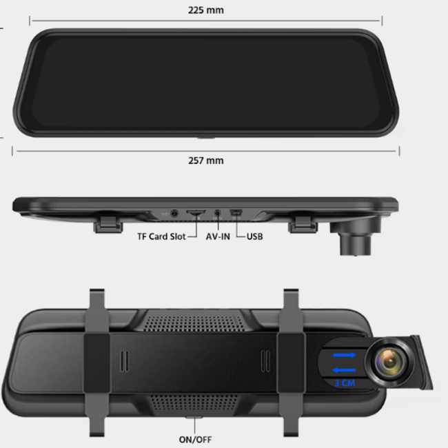 Side view of mirror-style car recorder with rear camera connection