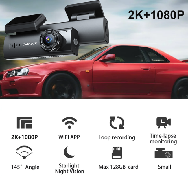 Dual Lens 2K Dashcam showing front and rear camera setup