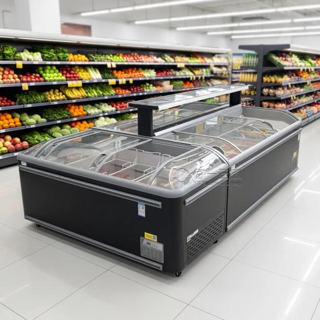 Combined island freezer side view