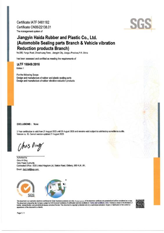 IATF 16949:2016 - Jiangyin Haida Rubber and Plastic Co., Ltd.