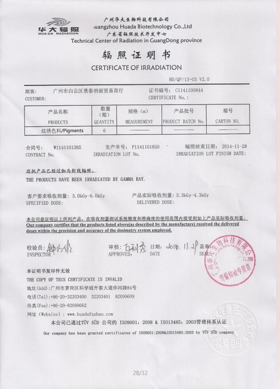IRRADITION CERTIFICATE - Guangzhou Wenshen Cosmetics Co., Ltd.