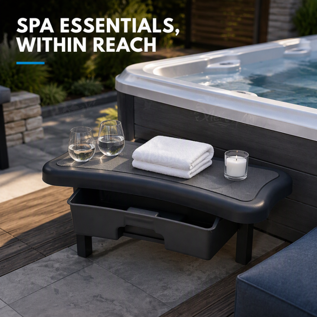 Outdoor Hot Tub Spa Side Bar Table with Large Storage Drawer, Spacious Anti-slip Table for Drinks Snacks Spa Accessories Storage