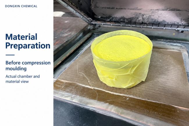 Four stage process showing weighing preheating transfer and compression moulding