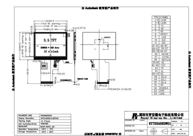 3.5 Inch Customized TFT LCD Display showing 12 o'clock view