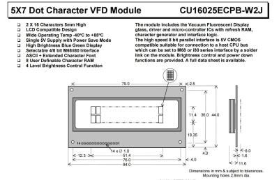 China Modulo VFD 5*7 DOT 2*16 Caracteres Cu16025ecpb-W2j Interfaz paralela de 8 bits azul verde en venta