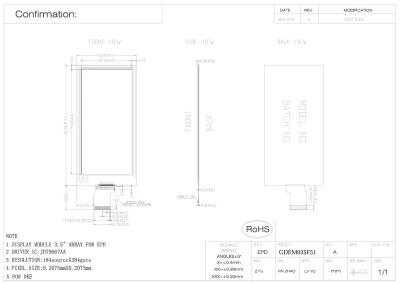 중국 3.52' 4 컬러 384*184 Jd79667AA E-Paper 기반 EPD 디스플레이 판매용