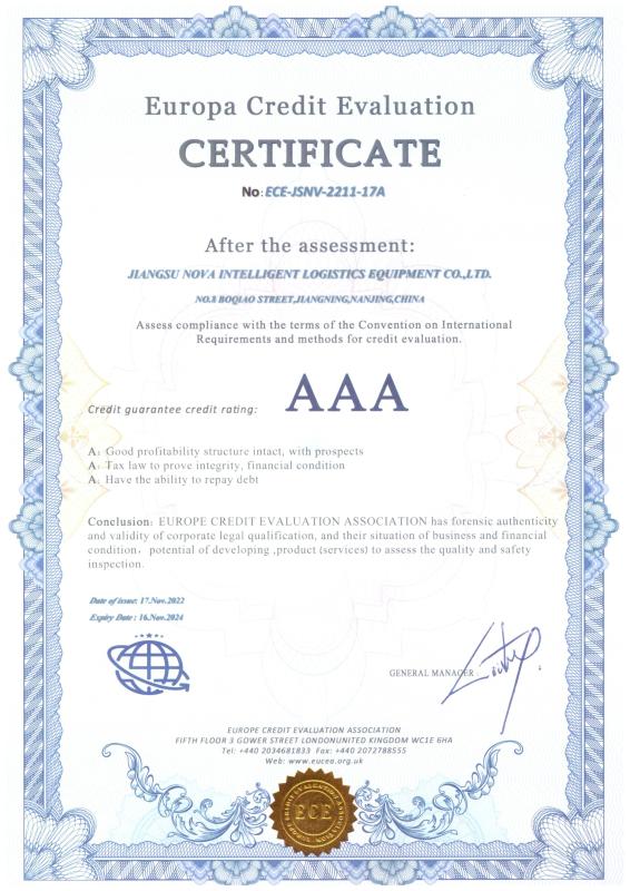 uropa Credit Evaluation CERTIFICATE - Jiangsu NOVA Intelligent Logistics Equipment Co., Ltd.