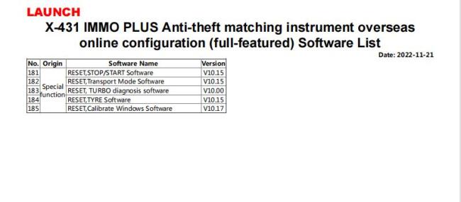LAUNCH IMMO Software List