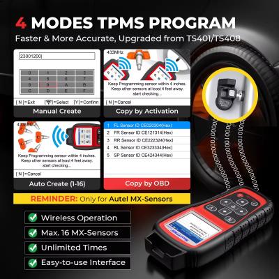 中国 Autel MaxiTPMS TS508WF TPMS プログラミングツール MXセンサ 315 433 MHz TPMS 再起動 すべてのセンサをスキャン 読み清める DTCをリセット 販売のため