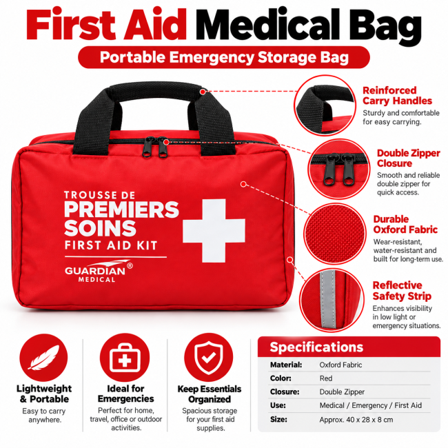 Portable first aid kit bag design and features
