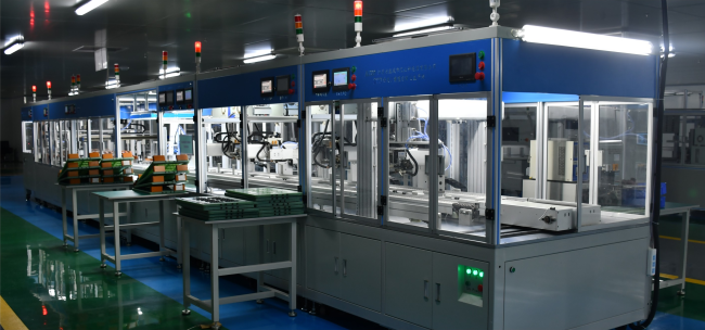 Close-up view of lithium battery production machinery components
