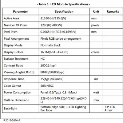 中国 10.1インチ Tft ディスプレイ モジュール 1280X800 DOTS LVDS インターフェイス ドライビング IC EK79202B1 販売のため