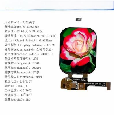 Chine 2Affichage LCD AMOLED de 0,01 pouce avec résolution 240*296, interface QSPI, écran couleur haute définition et haute luminosité à vendre