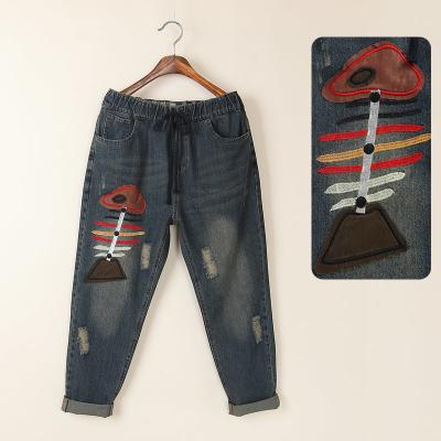 Cina Jeans elastici del denim del nero della vita della stampa floreale con le tasche 100 per cento del cotone in vendita