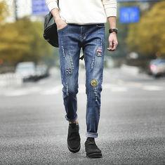 Cina La cera urbana di stile ha ricoperto i jeans affusolati il nero degli uomini, jeans scarni stampati del motociclista del denim in vendita