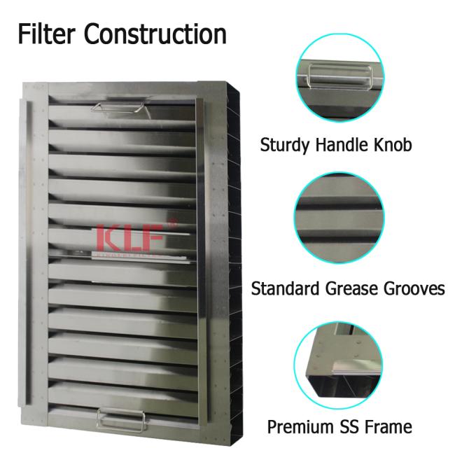 Close-up view of stainless steel grease filter construction