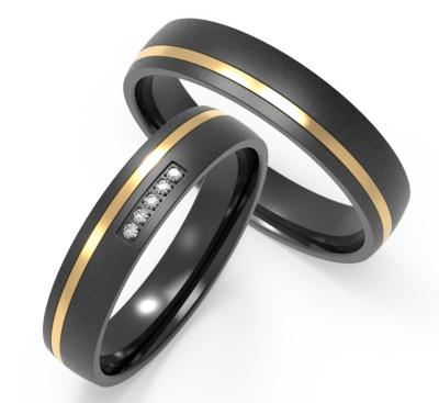 China Custom Polished Finish Couple Black Zirconium Rings with IP Gold and Cubic Zirconia Two-Tone Design for sale