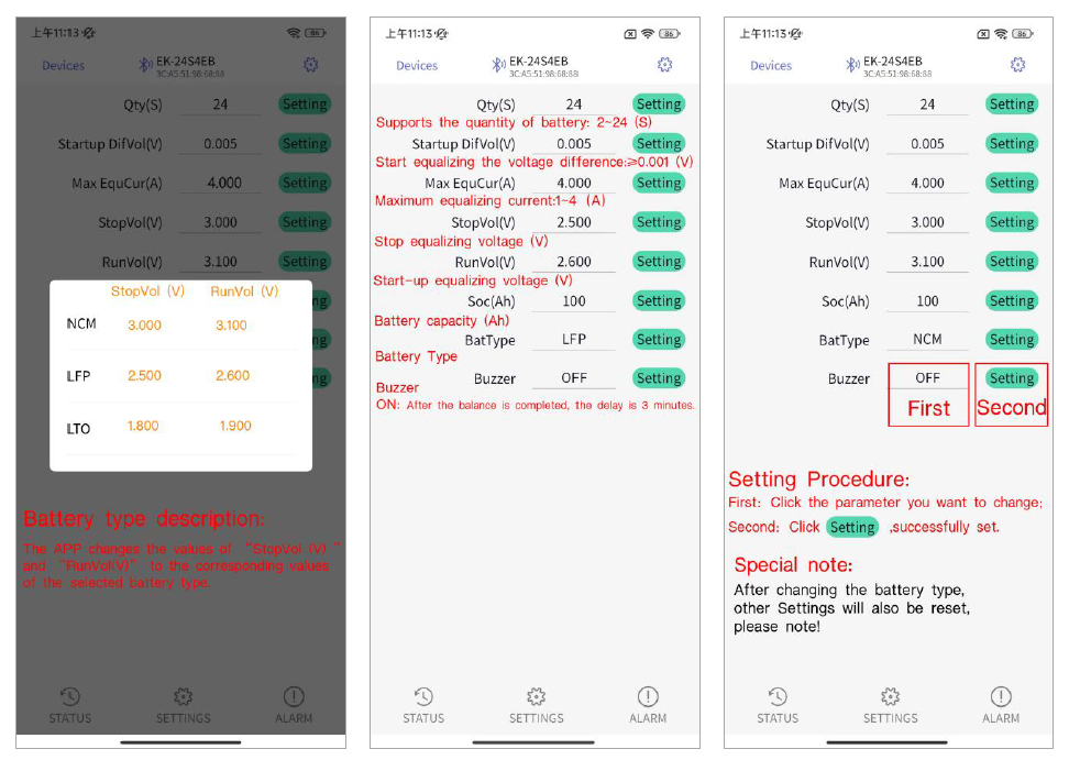 Smart active balancer setting battery parameters