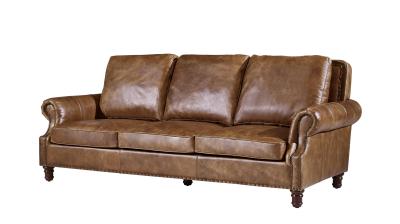 Cina Retro struttura americana di legno solido del sofà del cuoio di Seater dell'annata tre con le armi rotolate in vendita