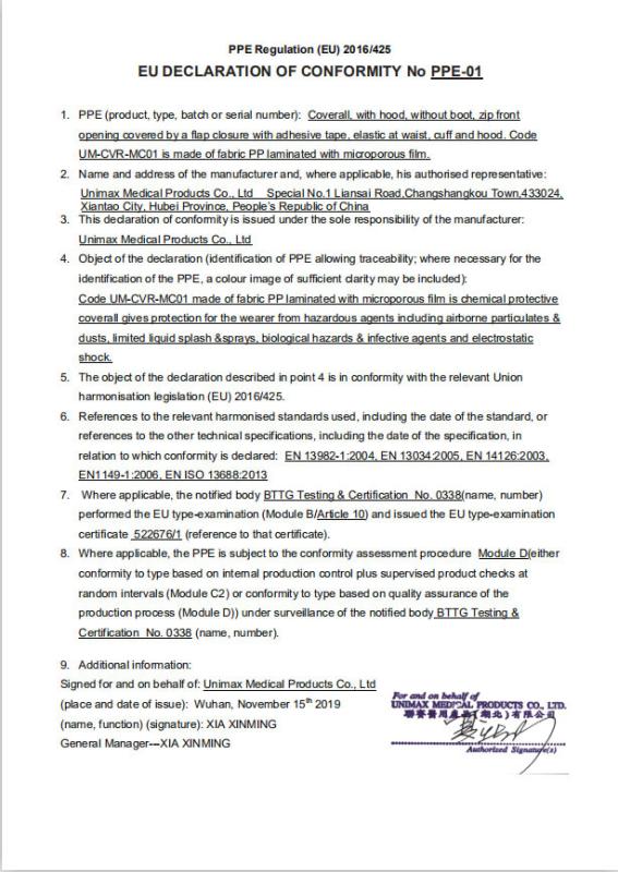 Declaration Of Conformity - PPE Regulation 2016-425-MC - Unimax Medical Products Co., Ltd