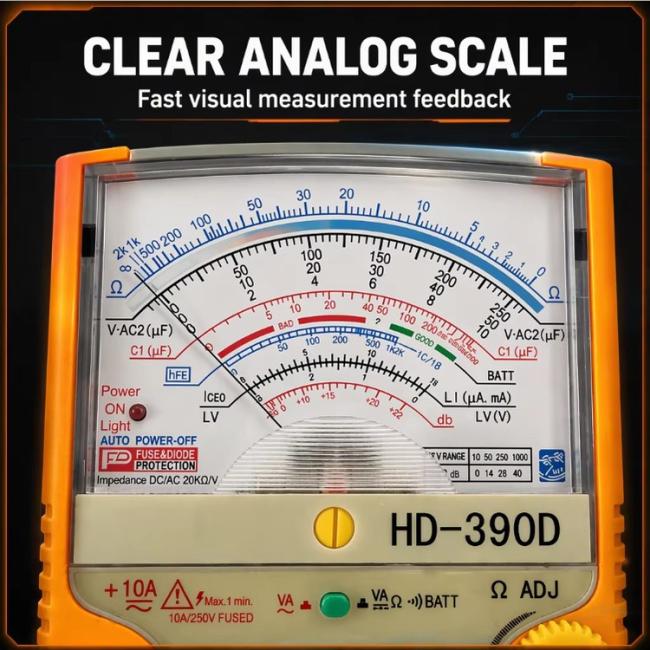 IMHOO HD-390D Analog Pointer Multimeter AC DC Voltage 10A Auto Off Multi Meter Multimetro Shockproof Appliance Repair ODM CE